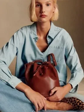 Sezane | Bags | Szane Farrow Bucket Bag Cognac Leather Drawstring ...